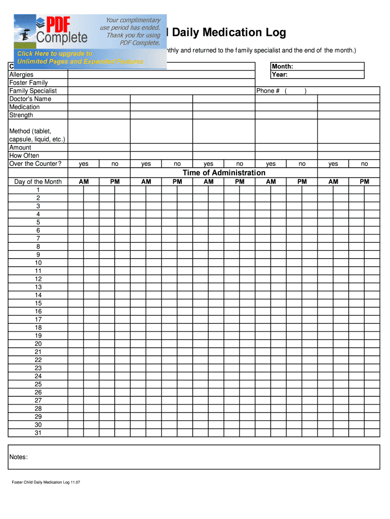 Fillable Online Foster Child Daily Medication Log Fax Email Print ...