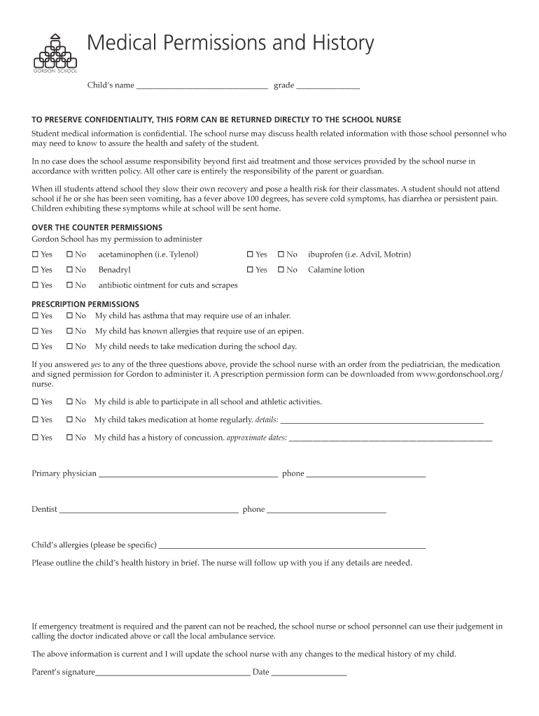 Fillable Online gordonschool Medical Permissions and History - The ...