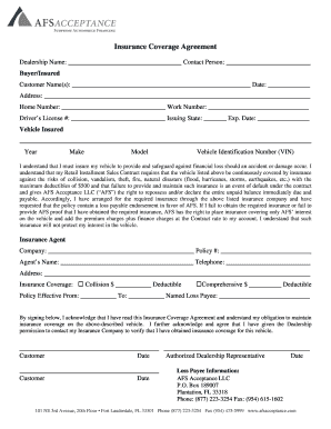 Fillable Online Insurance Coverage Agreement - AFS Acceptance Fax Email ...