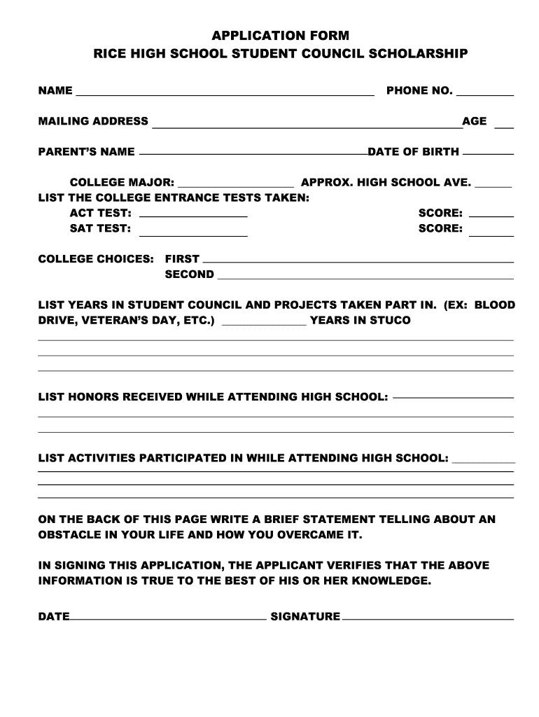 Fillable Online ricecisd APPLICATION FORM RICE HIGH SCHOOL STUDENT COUNCIL SCHOLARSHIP Fax Email ...