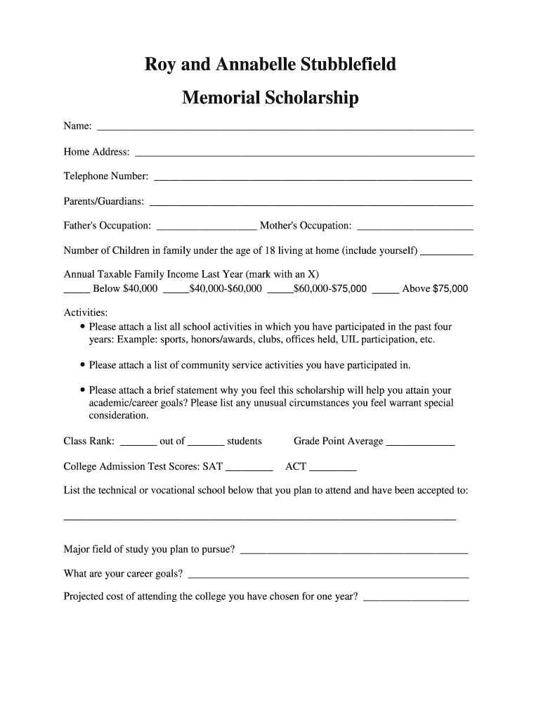 Fillable Online ricecisd Roy and Annabelle Stubblefield Memorial ...