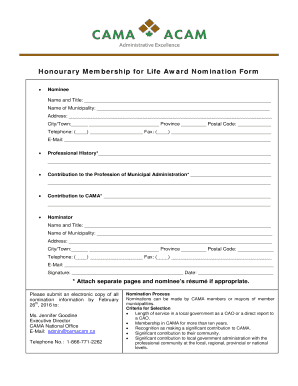 Fillable Online Honourary Membership for Life Award Nomination Form Fax ...