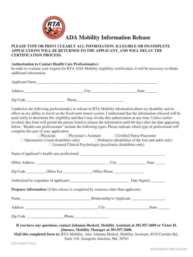 Fillable Online marylandtransit ADA Mobility Information Release ...