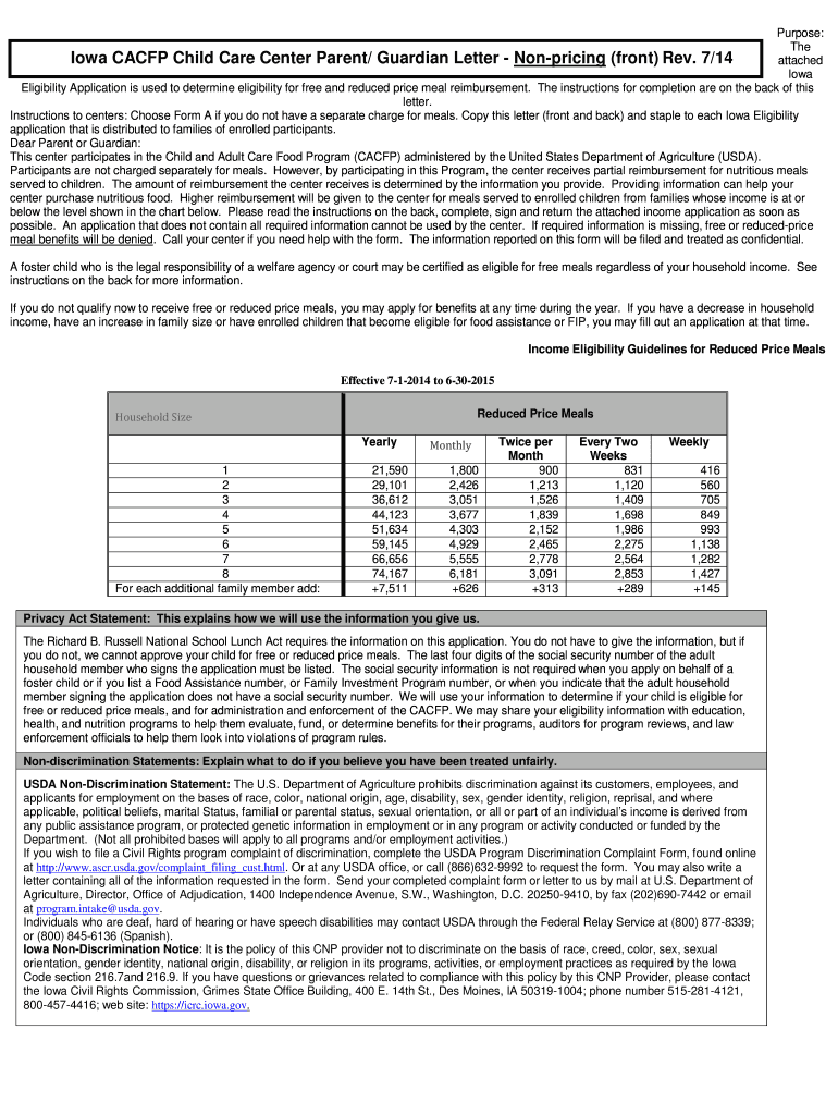 Fillable Online Iowa CACFP Child Care Center Parent/ Guardian ...