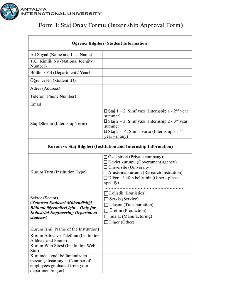 Fillable Online antalya edu Form 1 Staj Onay Formu Internship Approval ...