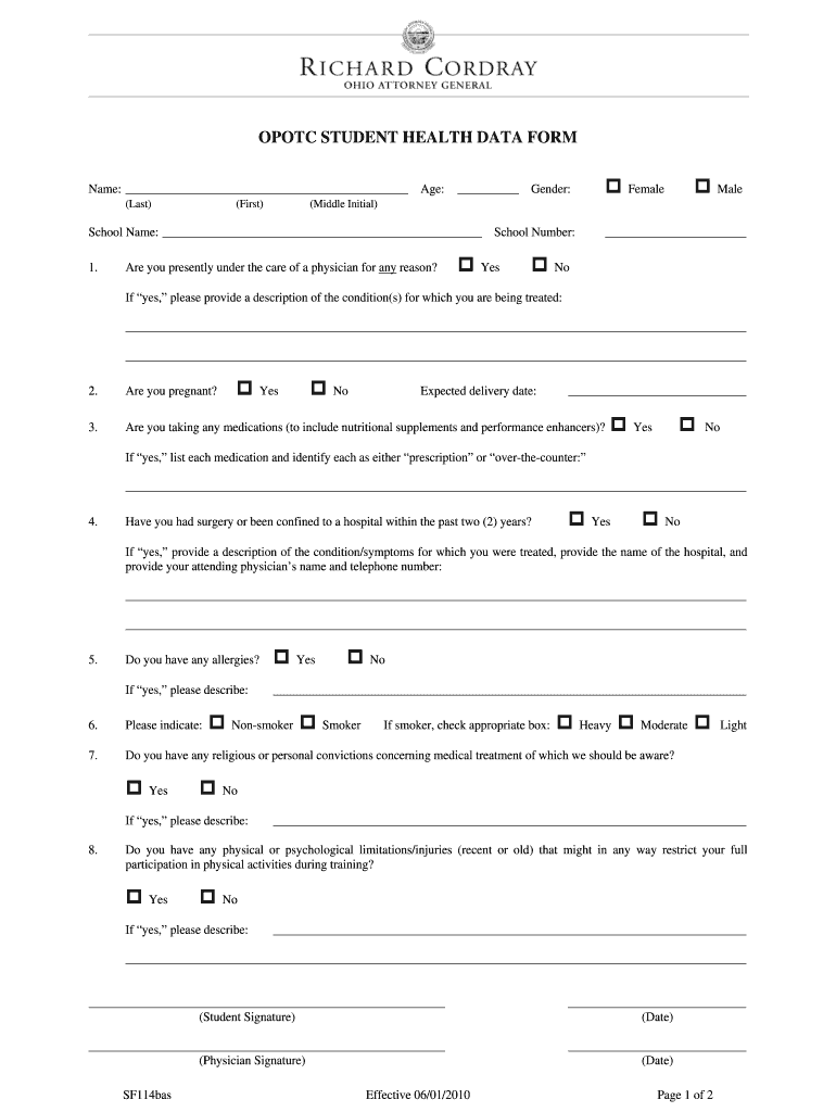 Fillable Online OPOTC STUDENT HEALTH DATA FORM - bmunroefallsbbcomb Fax ...