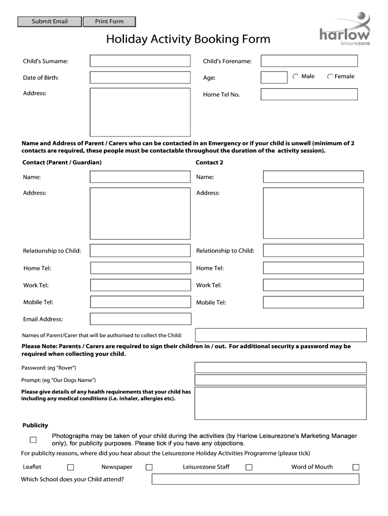 Fillable Online harlowleisurezone co Holiday Activity Booking Form ...