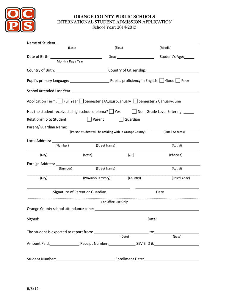 Fillable Online ocps IMPORTANT INFORMATION one year only and it is Fax ...