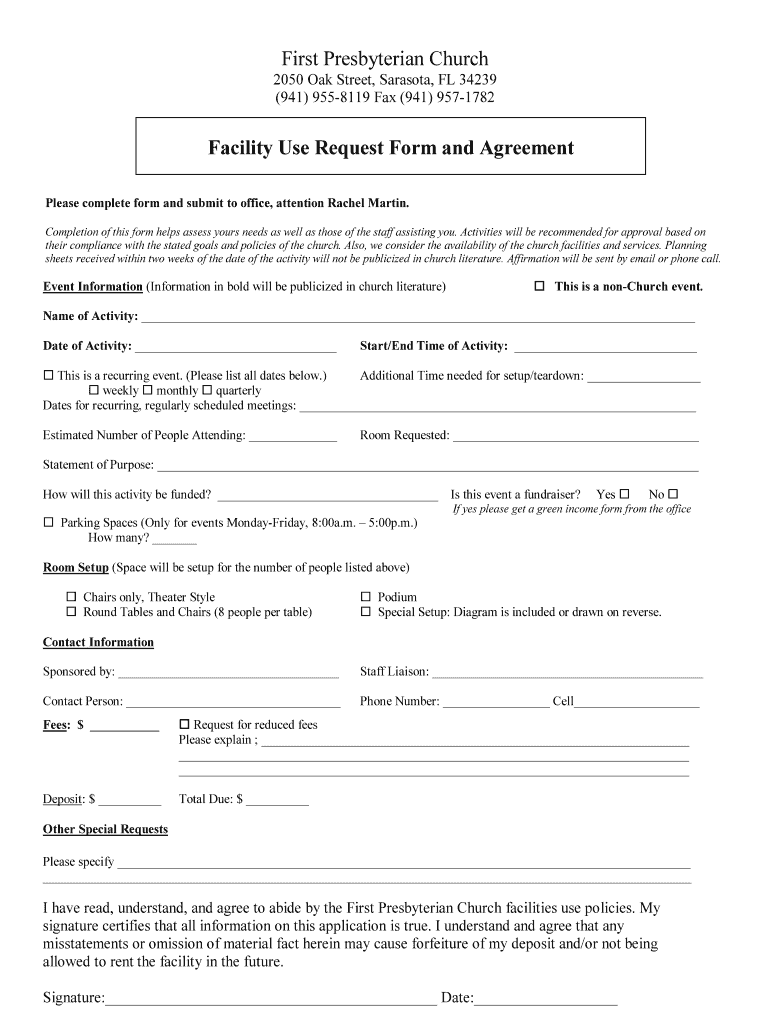 Fillable Online firstpressarasota First Presbyterian Church Facility Use Request Form and ...