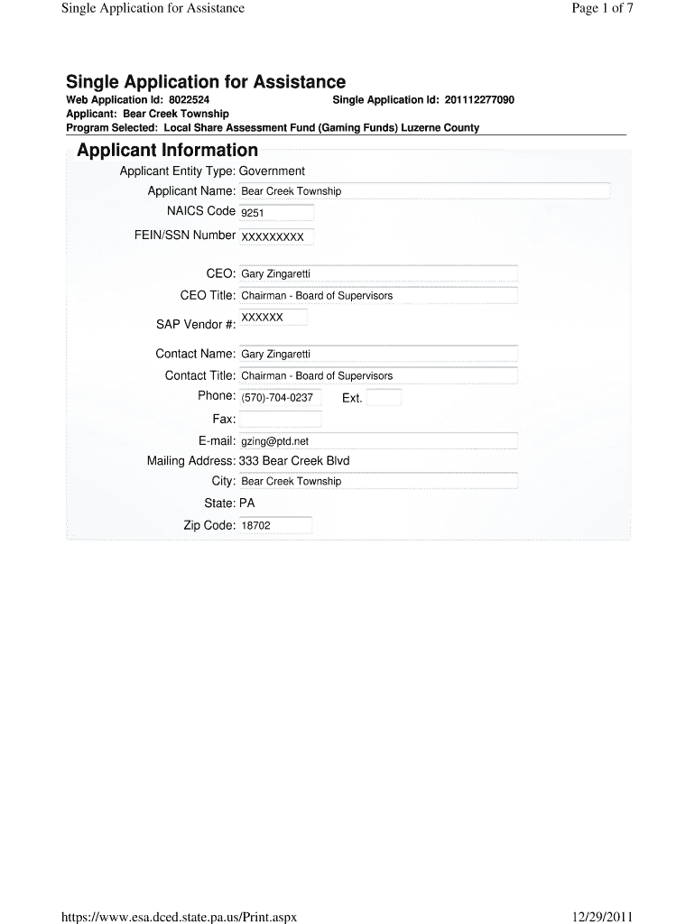 Fillable Online bearcreektownship Single Application for Assistance ...
