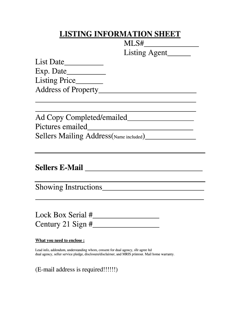 Fillable Online LISTING INFORMATION SHEET - relocationc21com Fax Email ...