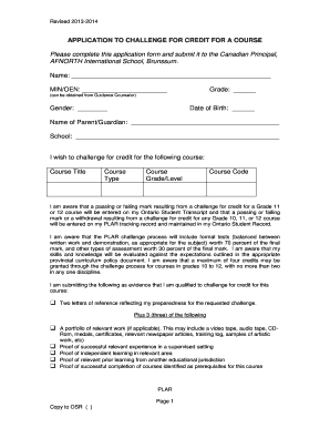 Fillable Online PLAR Application Form - AFNORTH International School ...