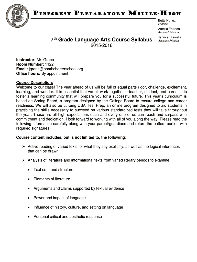 Fillable Online ppmhcharterschool 7th Grade ELA Syllabus 2015-2016 ...