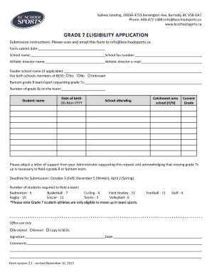 Fillable Online GRADE 7 ELIGIBILITY APPLICATION - BC School Sports Fax ...
