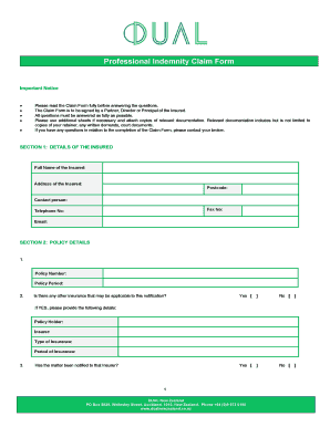 Fillable Online dualnewzealand co C Professional Indemnity Claim Form ...