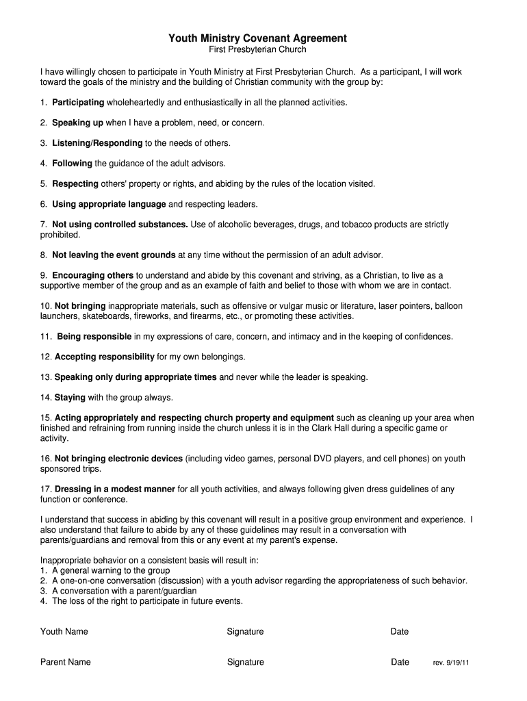 Fillable Online Youth Ministry Covenant Agreement Form - First Presbyterian Church Fax Email ...