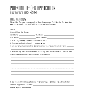 Fillable Online Potential Leader Application - First Baptist Church Fax ...
