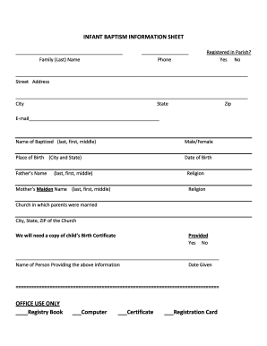 Fillable Online INFANT BAPTISM INFORMATION SHEET - Kirkland Fax Email ...
