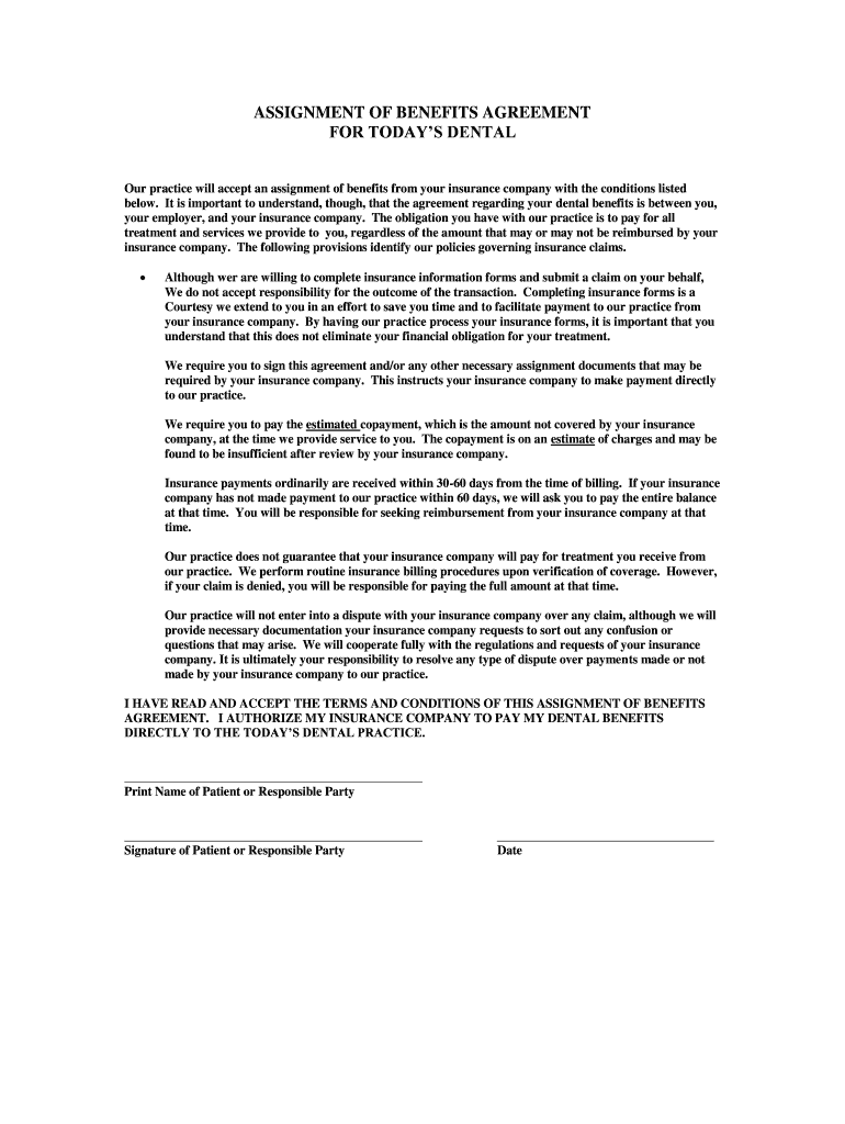 Fillable Online Todays Dental Assignment of Benefits Agreement - Today ...