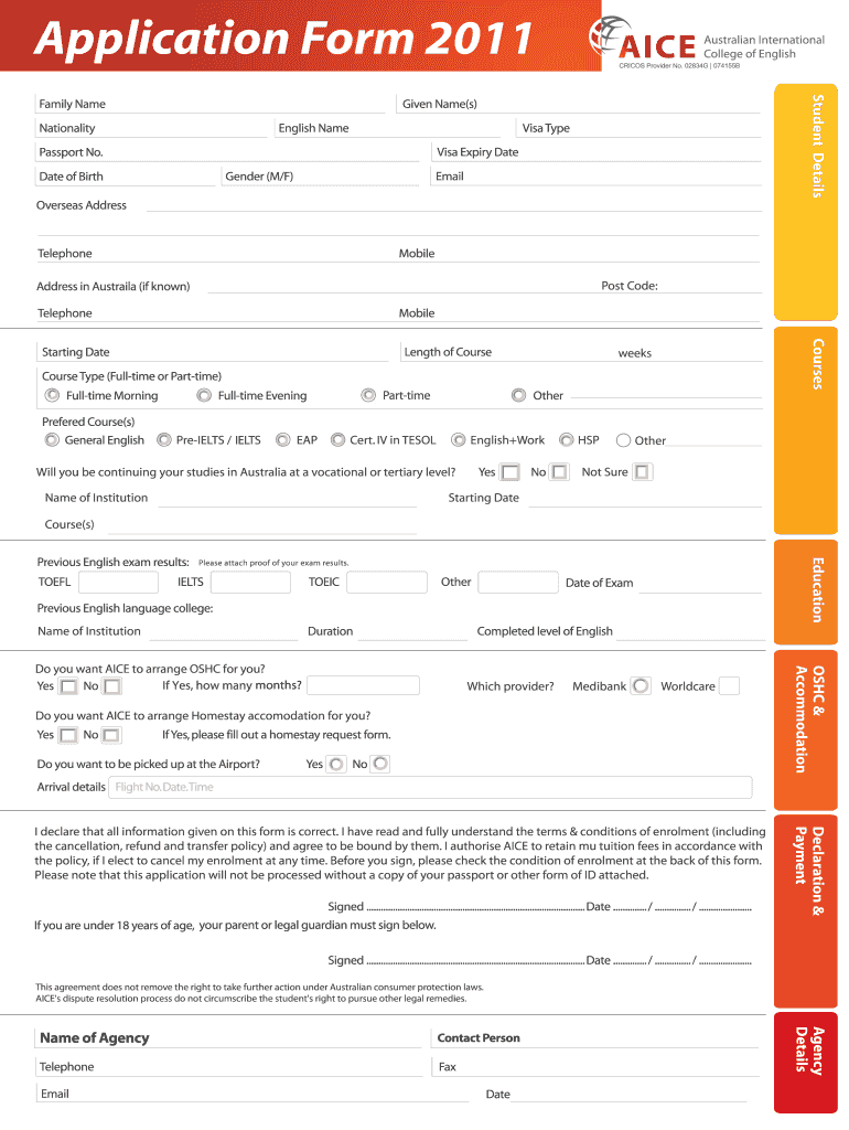 Fillable Online aice nsw edu Application Form 2011 - bAICEb College Fax ...