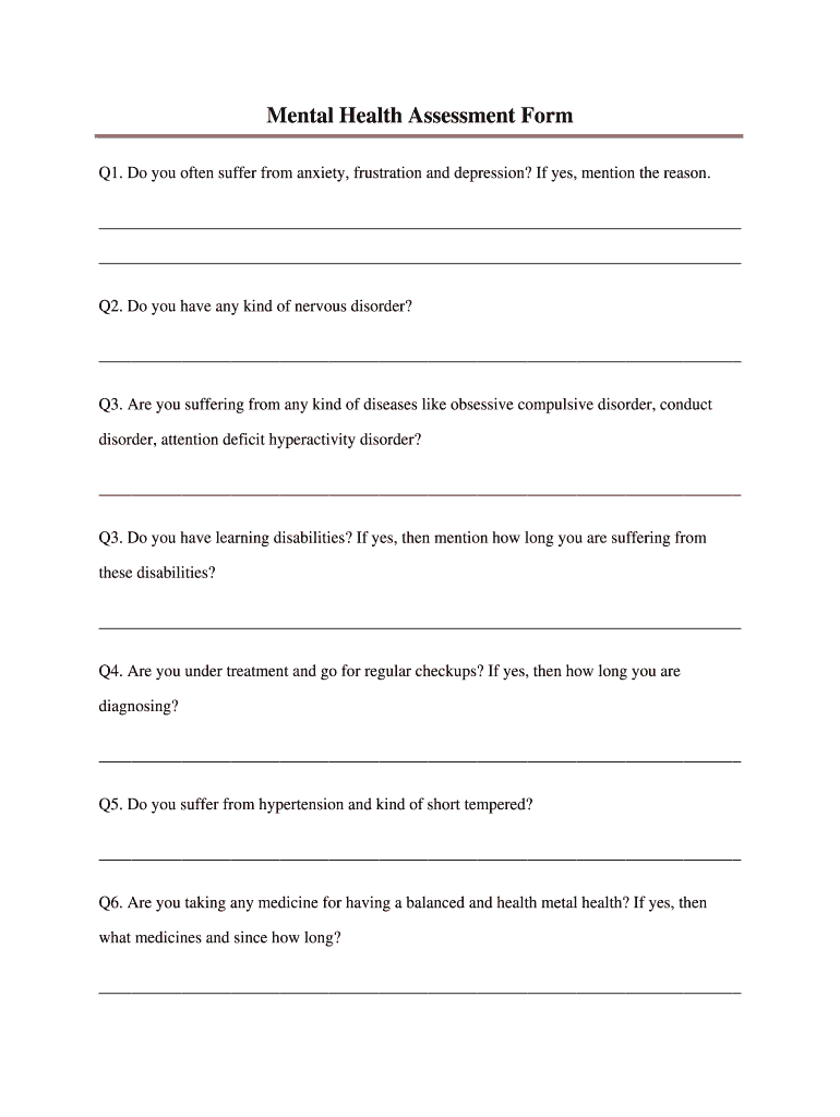 Fillable Online Mental Health Assessment Form - Sample Templates Fax ...