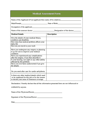 Fillable Online Medical Assessment Form - Sample Templates Fax Email ...