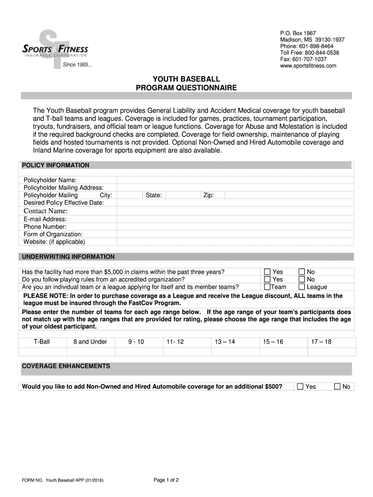 Fillable Online Youth Baseball Program Questionnaire - Sports and ...