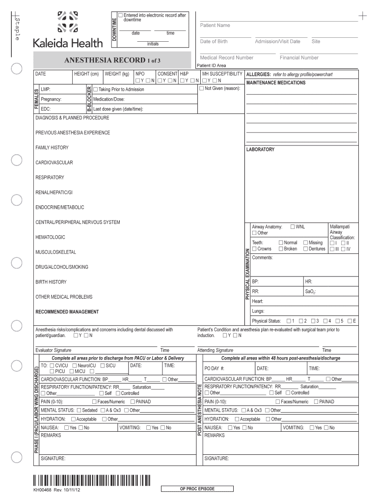 Fillable Online ANESTHESIA RECORD 1 of 3 Ro N N - infocliquecom Fax ...