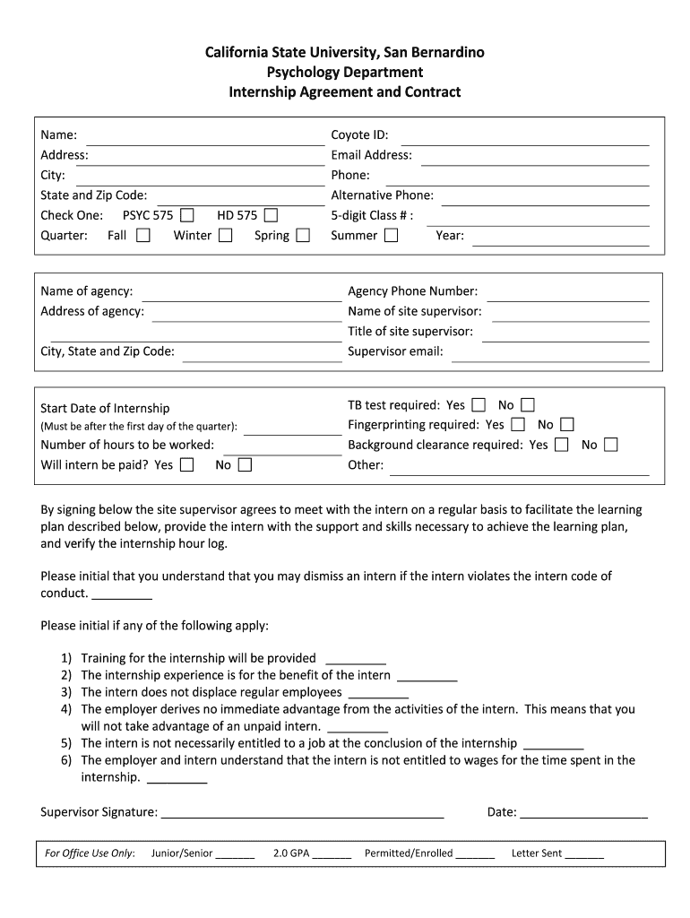 Fillable Online psychology csusb Internship Contract - Department of ...