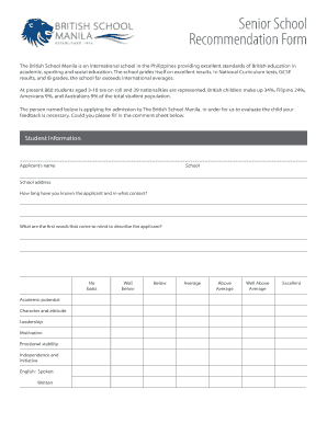 Fillable Online britishschoolmanila Senior School Recommendation Form ...