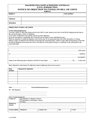 Fillable Online NOTICE OF OBJECTION TO ITEM(S) ON BILL OF COSTS Fax ...