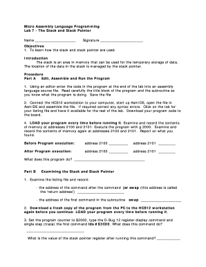 Fillable Online Micro Assembly Language Programming Lab 7 The Stack and ...