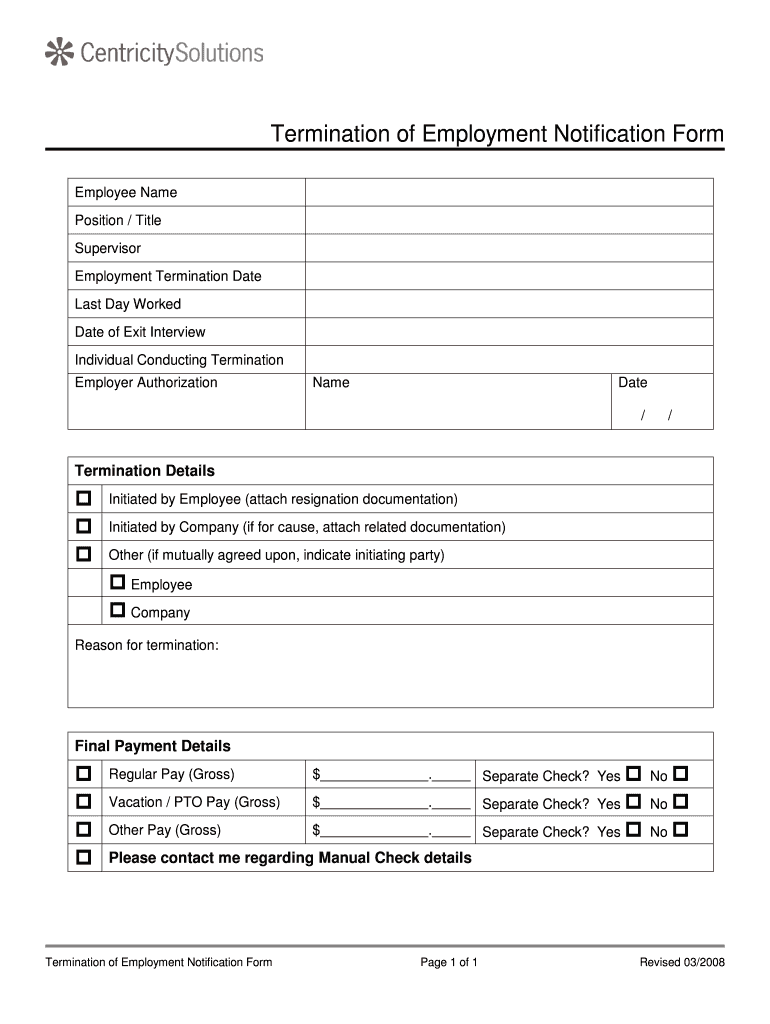 Fillable Online Termination of Employment Notification Form Fax Email ...