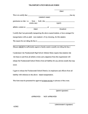 Fillable Online frankenmuth k12 mi TRANSPORTATION RELEASE FORM ...
