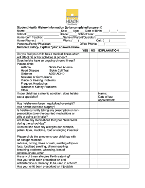 Fillable Online Student Health History Information to be completed by ...