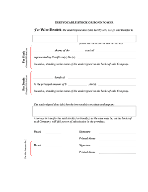 Fillable Online IRREVOCABLE STOCK OR BOND POWER For Value Received, the ...