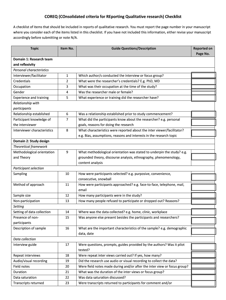 Fillable Online COREQ COnsolidated criteria for REporting Qualitative ...