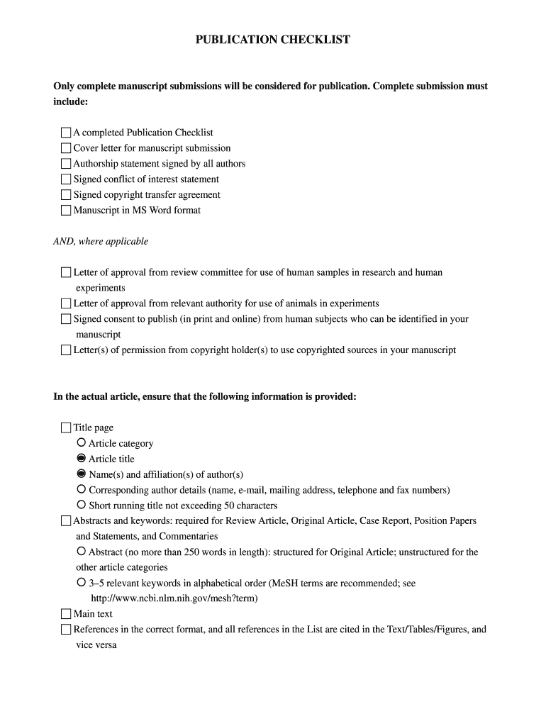 Fillable Online Publication checklist - Elsevier Fax Email Print ...