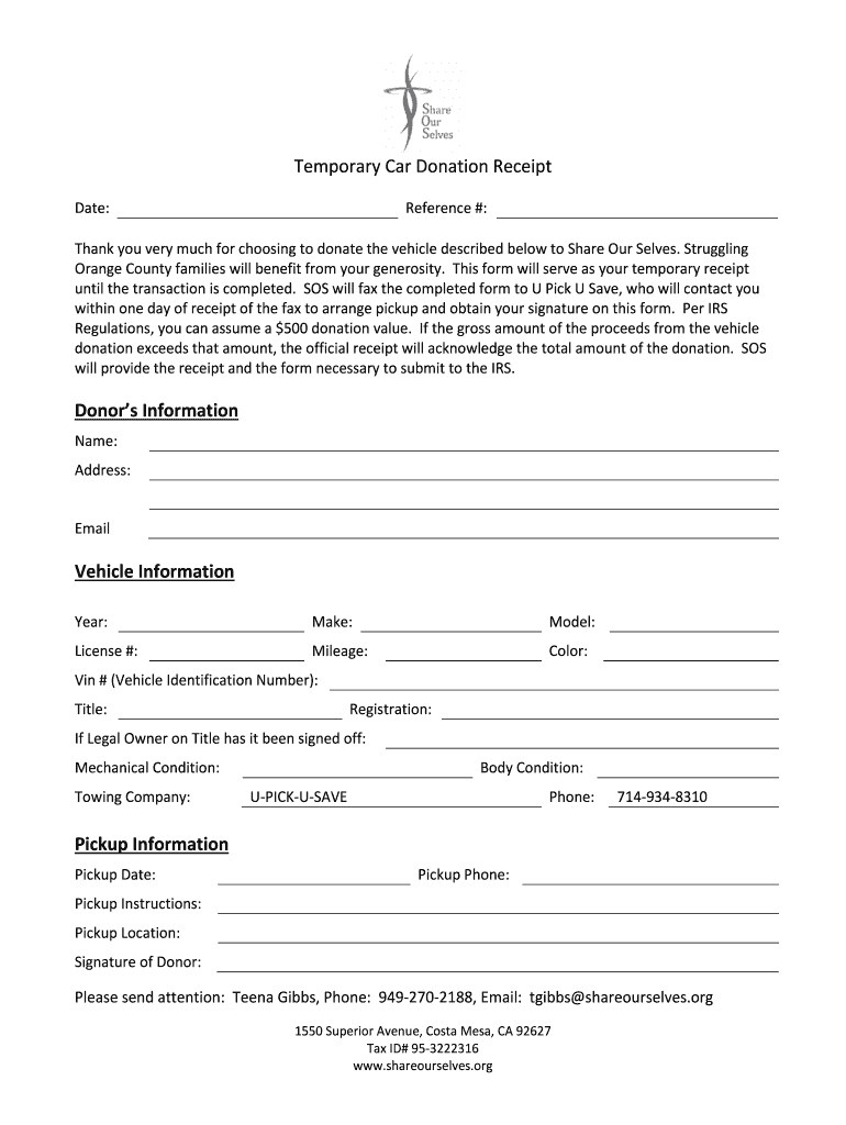 Fillable Online Temporary Car Donation Receipt Donor's Information ...