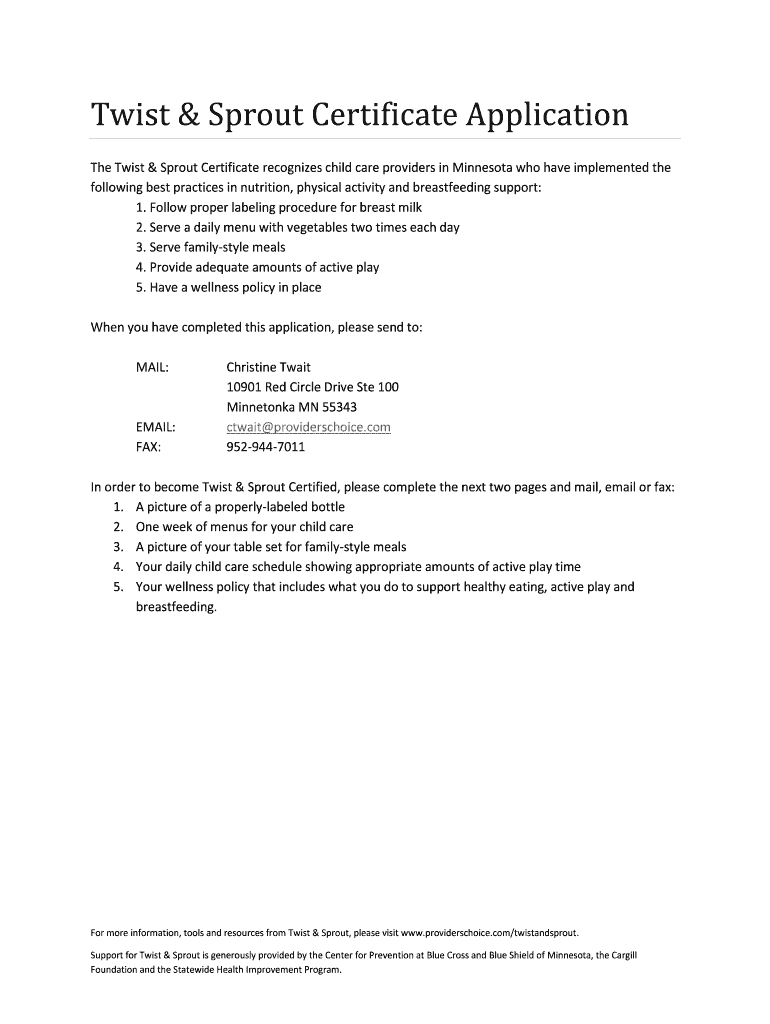Fillable Online Twist amp Sprout Certificate Application - Providers ...