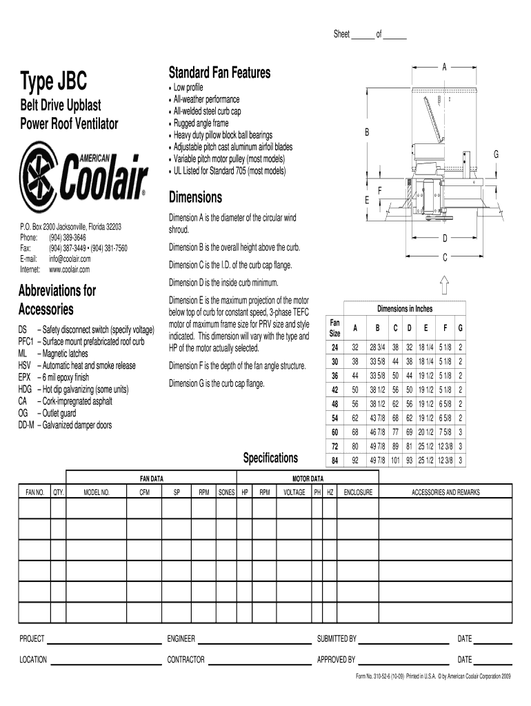Fillable Online Type JBC Standard Fan Features - American Coolair Corp ...