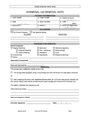 Fillable Online HORMONAL IUD REMOVAL NOTE Fax Email Print - pdfFiller