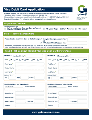 Fillable Online Visa Debit Card Application - gatewaycucomau Fax Email Print - pdfFiller