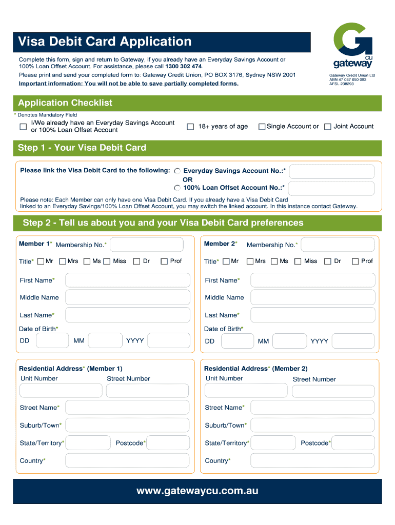 Fillable Online Visa Debit Card Application - gatewaycucomau Fax Email Print - pdfFiller