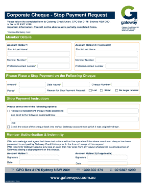 Fillable Online Corporate Cheque - Stop Payment Request - Gateway ...
