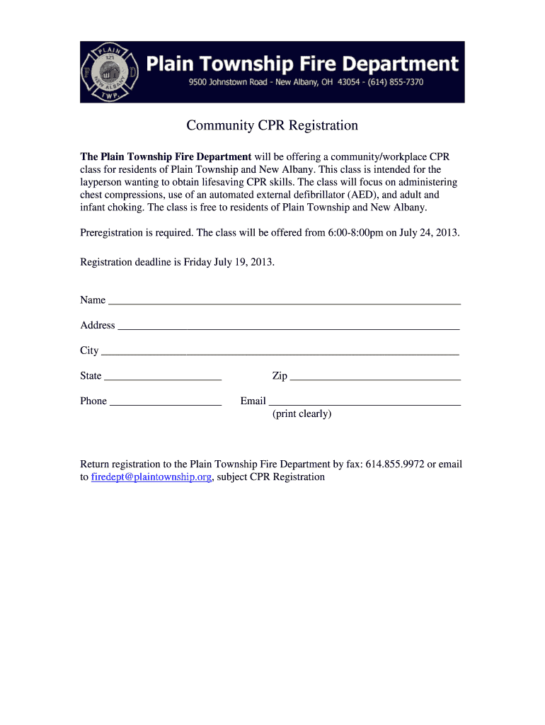 Fillable Online Community CPR Registration - plaintownshiporg Fax Email ...