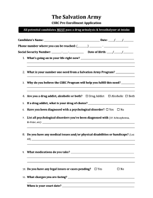 Fillable Online To download the pre-enrollment application. - Salvation ...