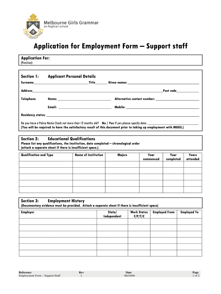 Fillable Online mggs vic edu Application for Employment Form Support staff Fax Email Print ...