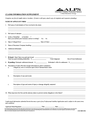 Fillable Online CLAIMS INFORMATION SUPPLEMENT - PIAPRO Fax Email Print ...