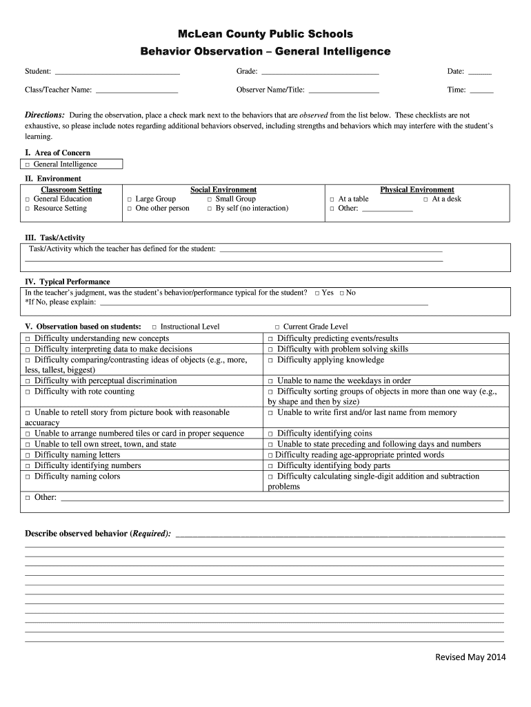 Fillable Online Behavior Observation-General Intelligence Fax Email ...